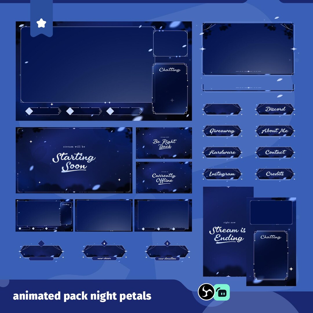Animated Night Petals Stream Overlay: Blue Sakura Theme for Twitch and ...