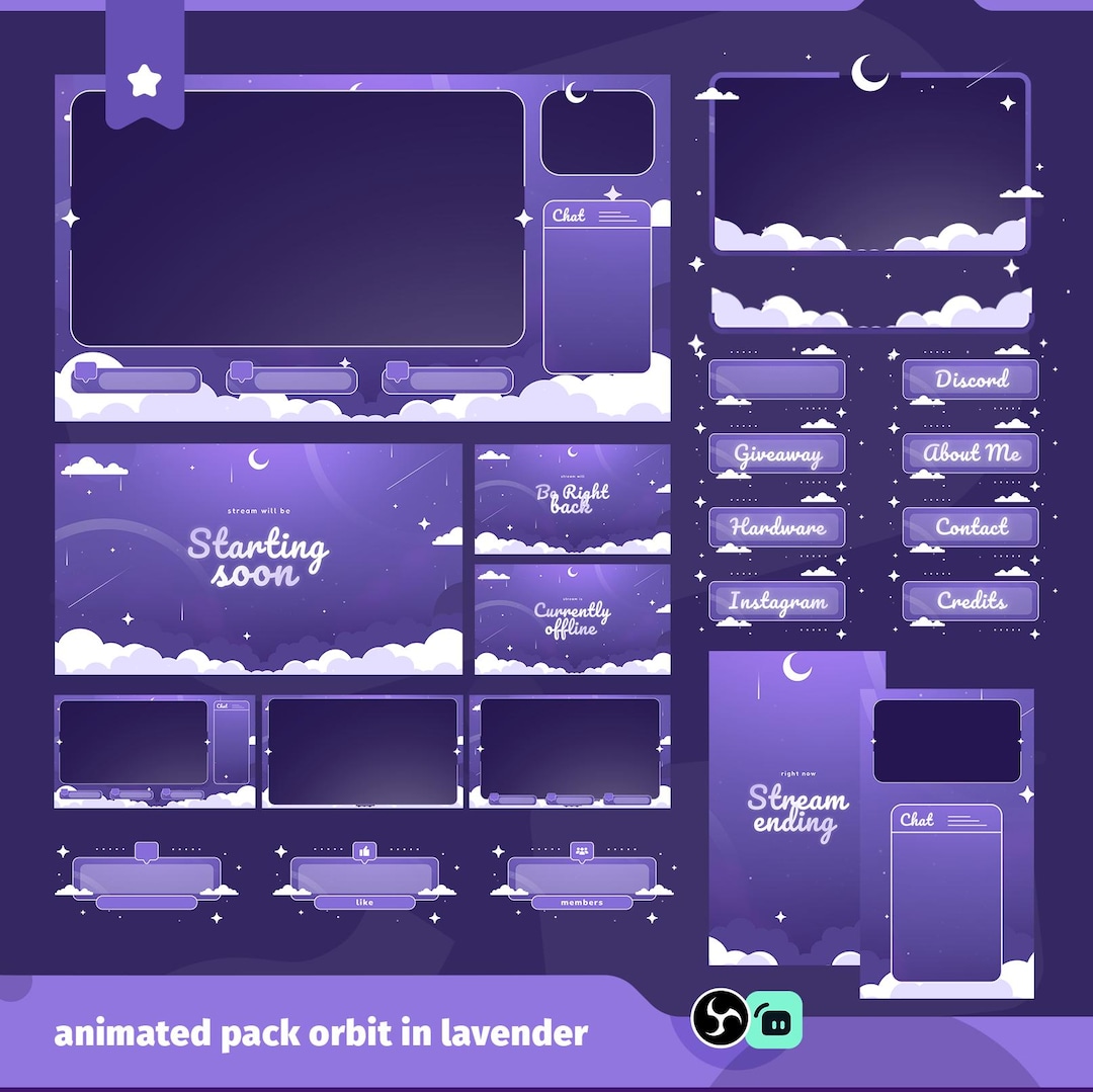 Purple Dreamy Twitch Pack | Lavender Night Vtuber Animated Overlay ...