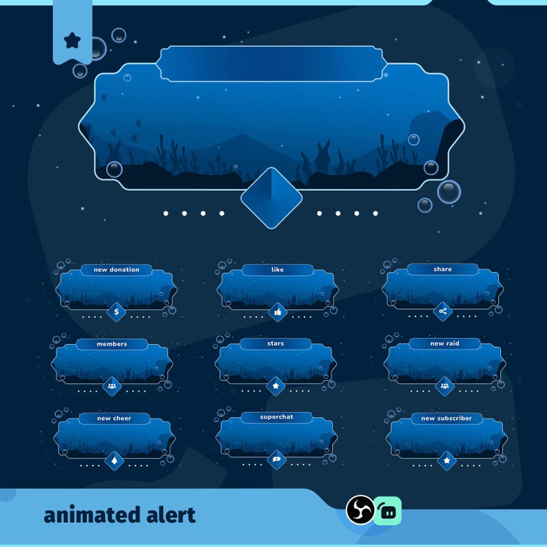 Ocean Blue Animated Stream Overlay Pack | Underwater Vtuber Alerts ...