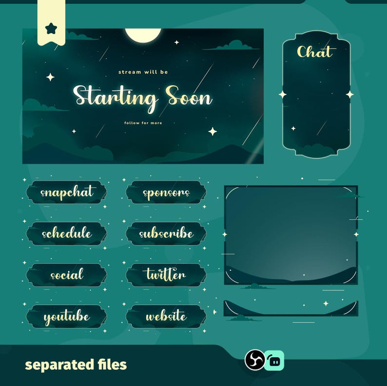 Cozy Celestial Twitch Animated Stream Overlay Pack | Teal Night Vtuber ...