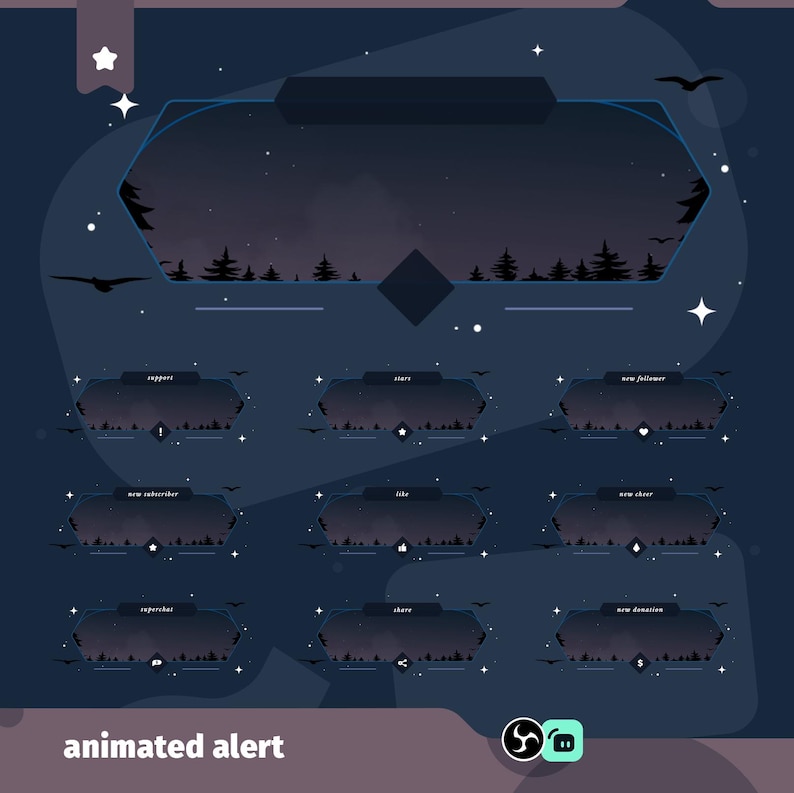 Dark Blue Stream Overlay | Midnight Moon Animated Forest Pack | Twitch ...