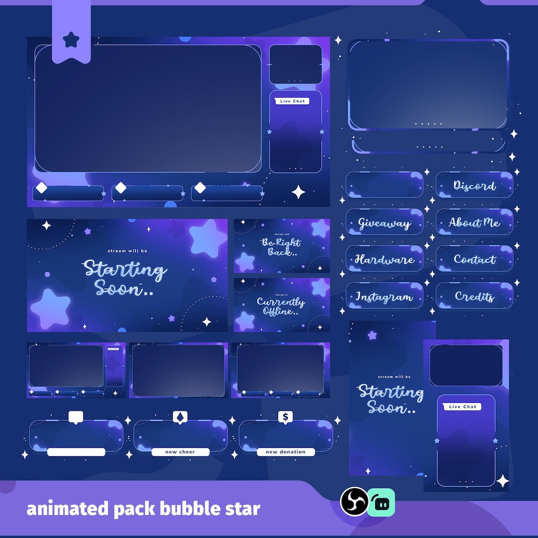 Kawaii Star Stream Pack | Cute Blue Purple Animated Vtuber Overlay ...