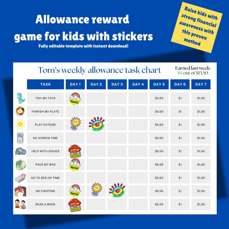 Editable Weekly Allowance Reward Chart With Stickers – Fun Chore ...