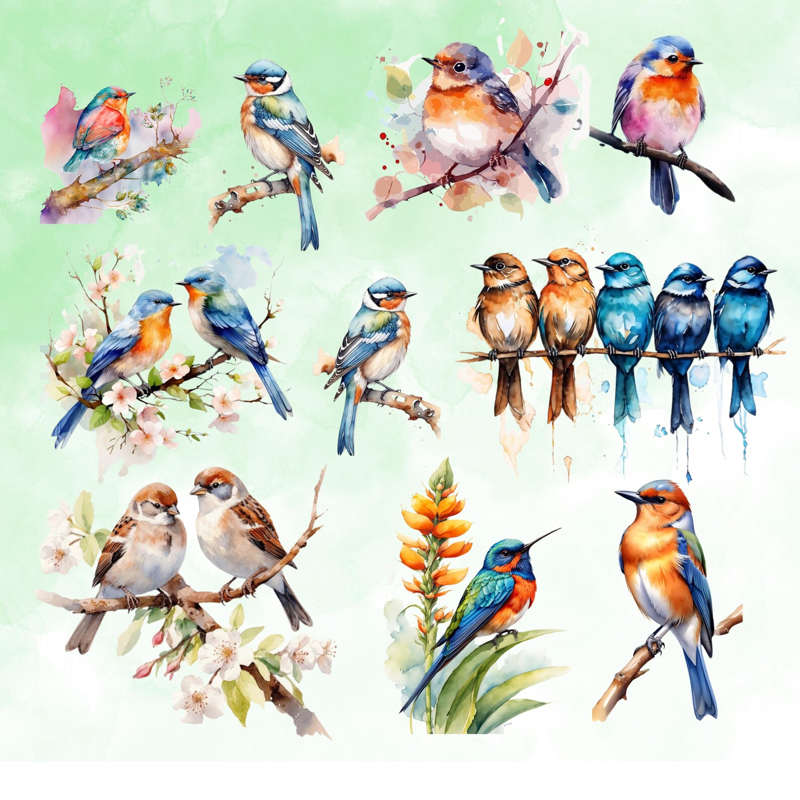 Watercolor Birds Clip Art, Tiny Colorful Birds Clipart, Bird Png ...
