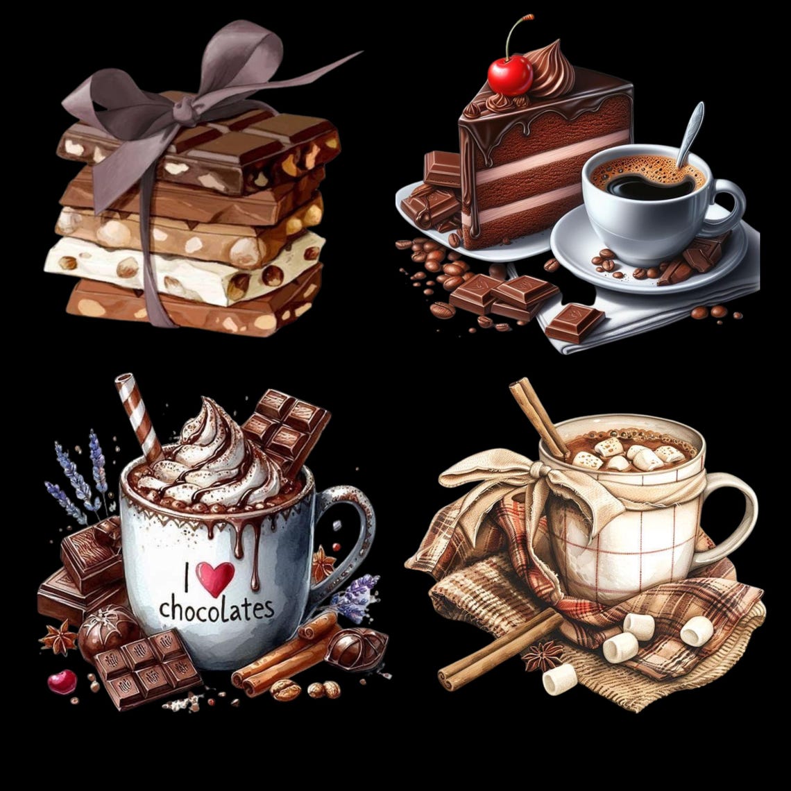 Watercolor Chocolate Clipart Set: Desserts & Coffee PNG Graphics ...