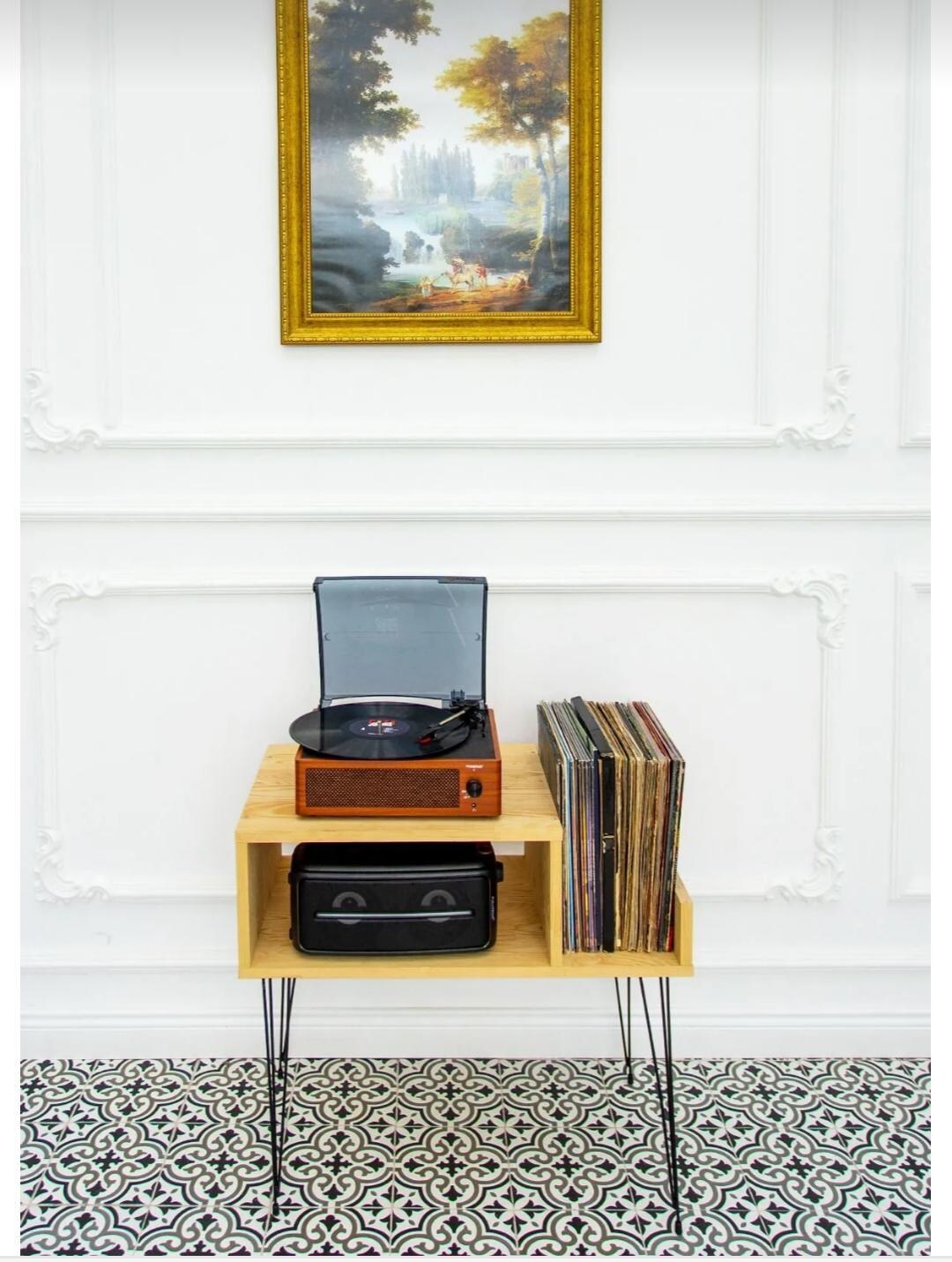 Wooden Record Player Stand, Beige Color Wooden Organizer, Vinyl Console ...