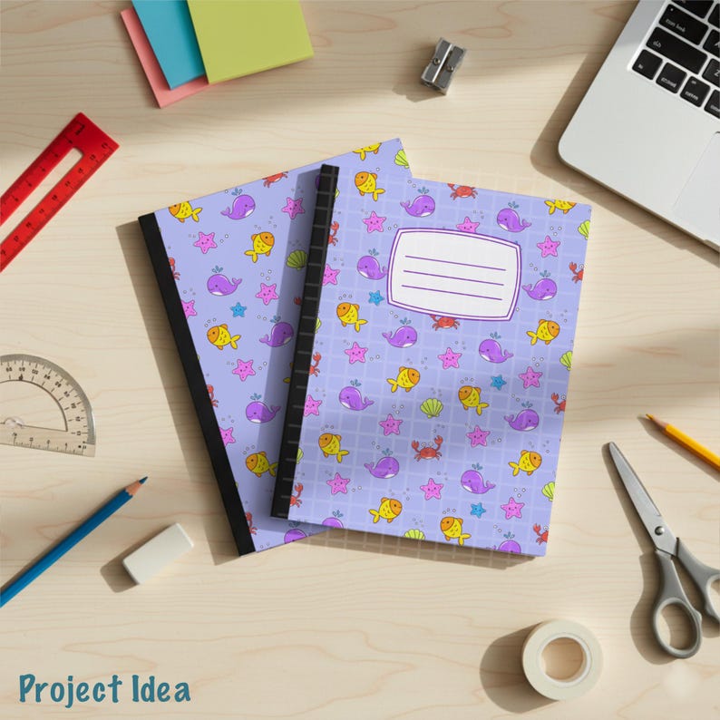 Cute Sea Creatures Purple Composition Notebook Cover Printable PNG - Etsy