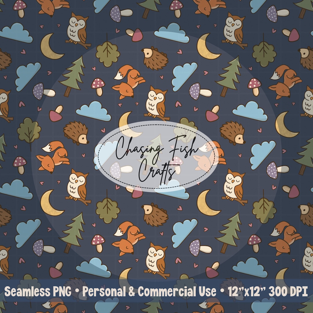 Woodland Creatures Seamless Pattern: Fox, Owl, Hedgehog, Trees Forest ...