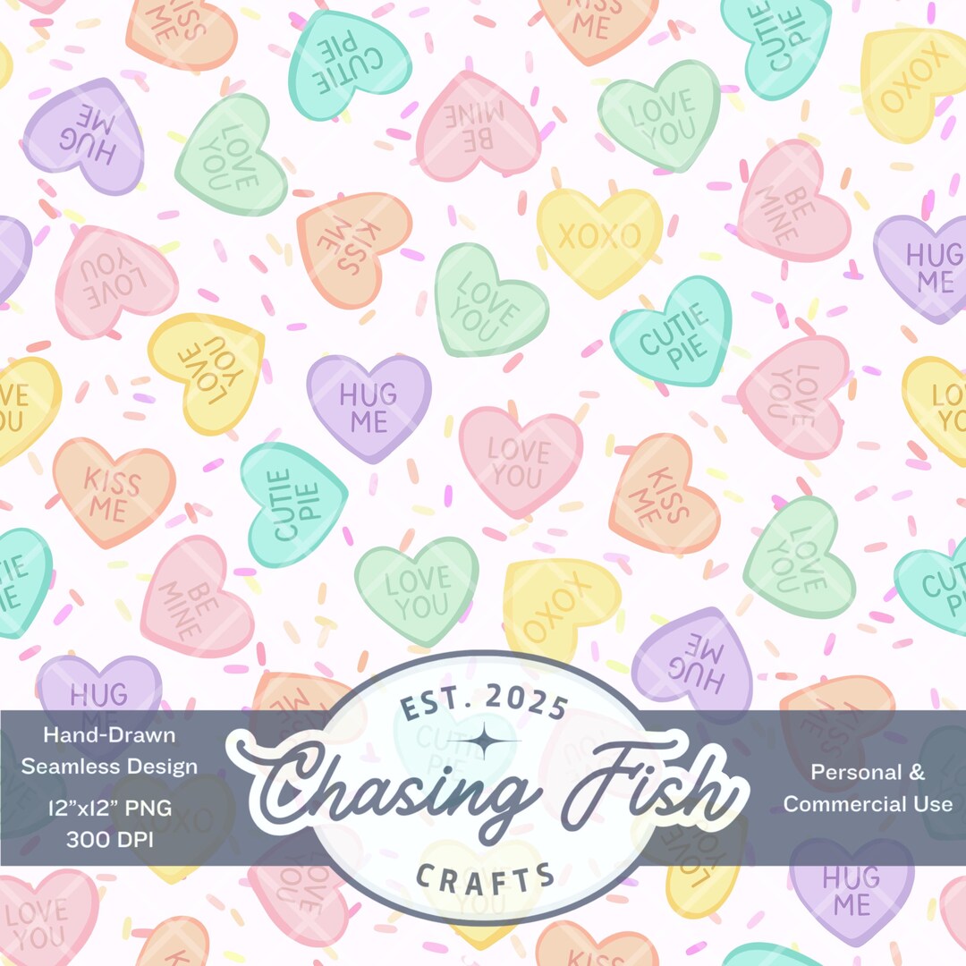 Valentine’s Day Candy Conversation Hearts Hand-drawn Seamless Pattern ...