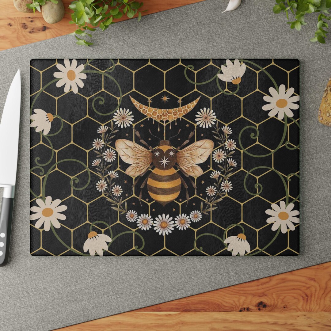 Cottagecore Bee Tempered Glass Cutting Board: Honey Moon Kitchen Decor ...