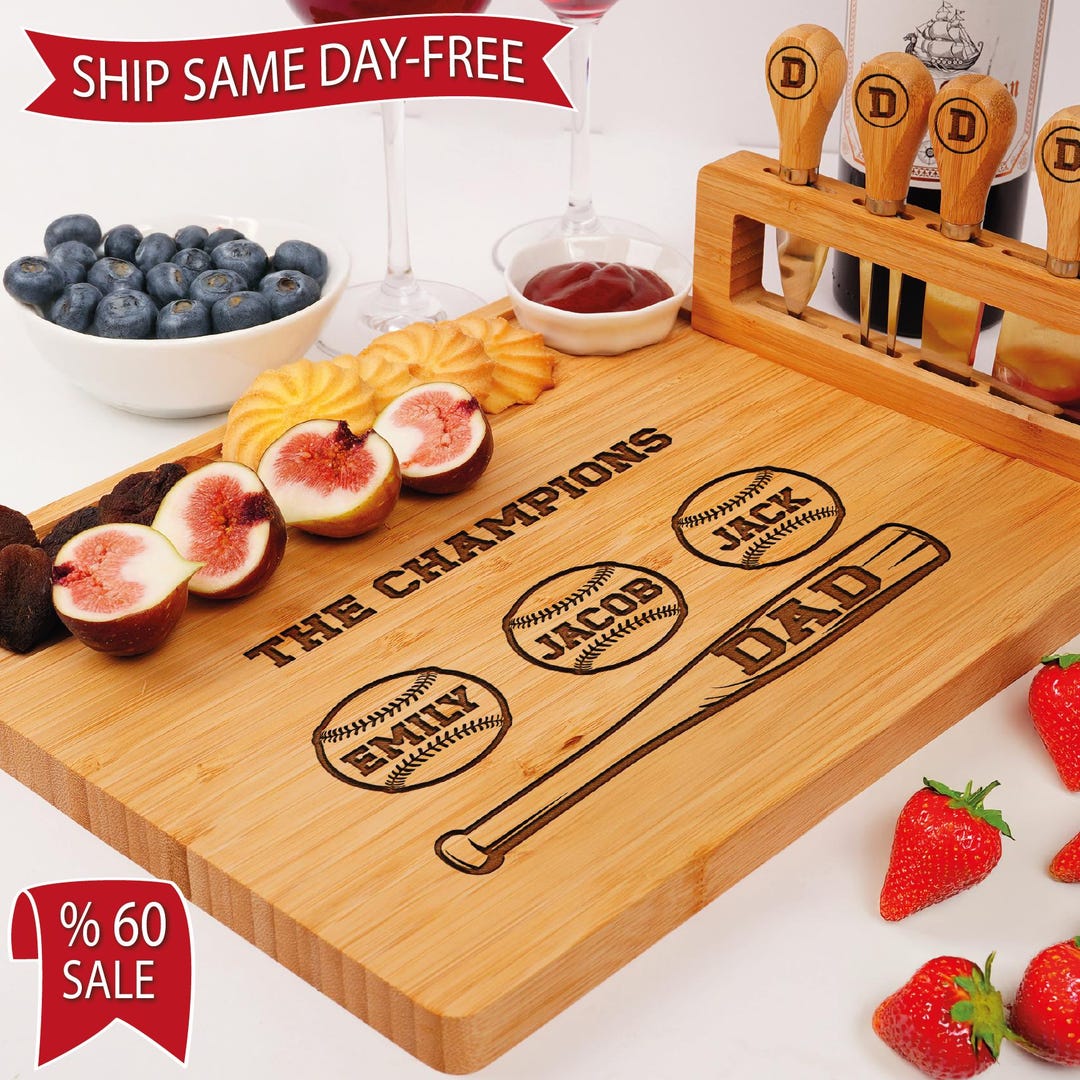 Baseball Theme Custom Bamboo Cheese Board, Personalized Charcuterie ...