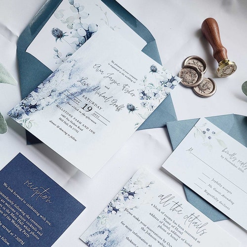 Blue Wedding Invitation Suite With Vellum and Wax Seal Boho - Etsy