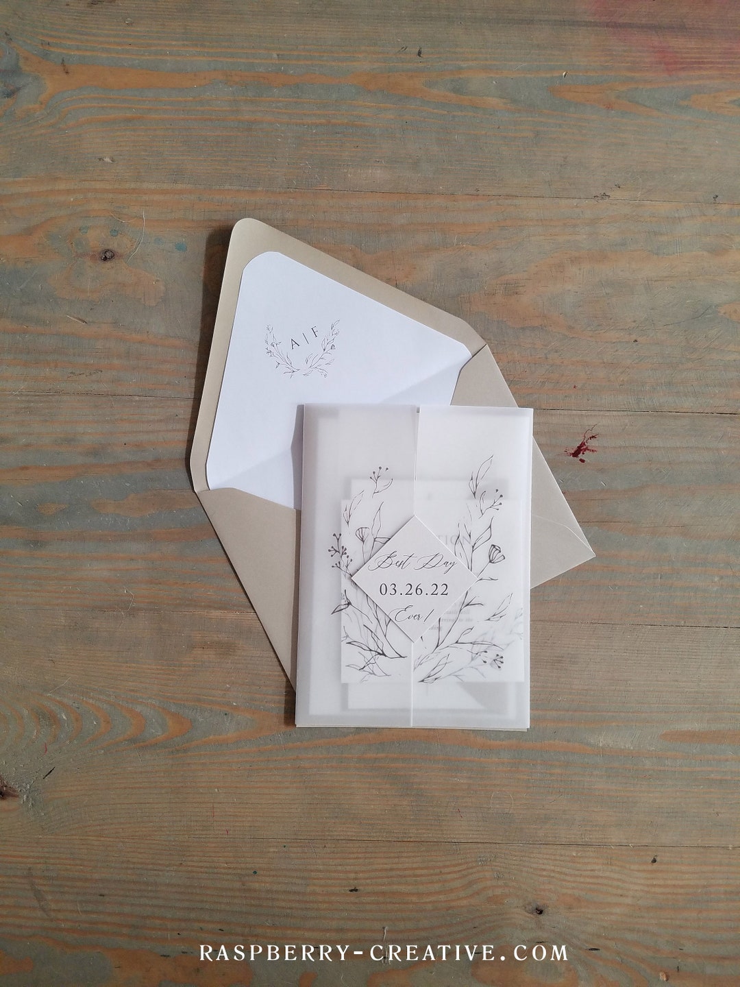 Vellum Wedding Invitation Suite With Hand Drawn Flowers, Neutral Vellum ...