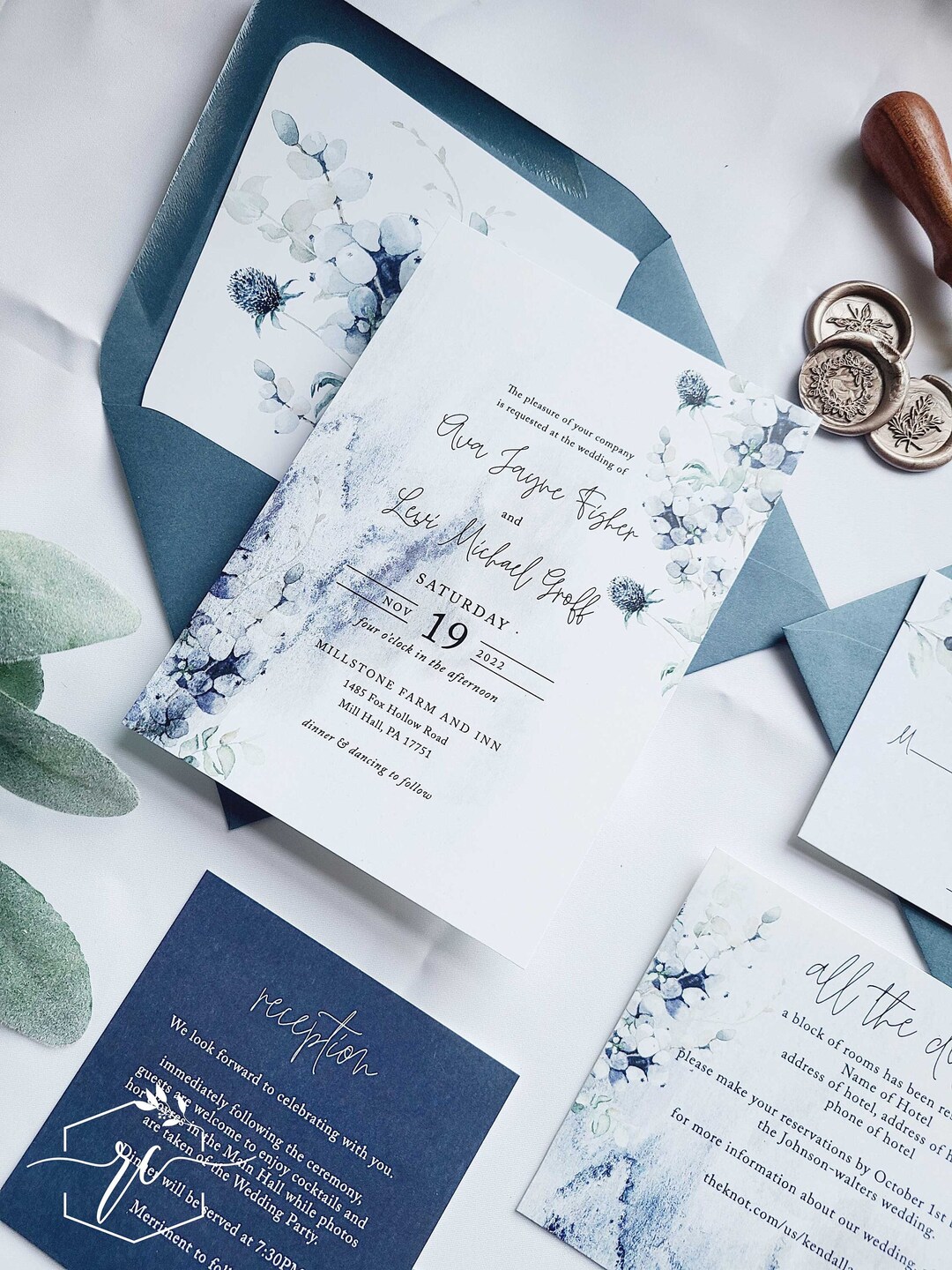 Blue Wedding Invitation Suite With Vellum and Wax Seal, Boho Wedding ...