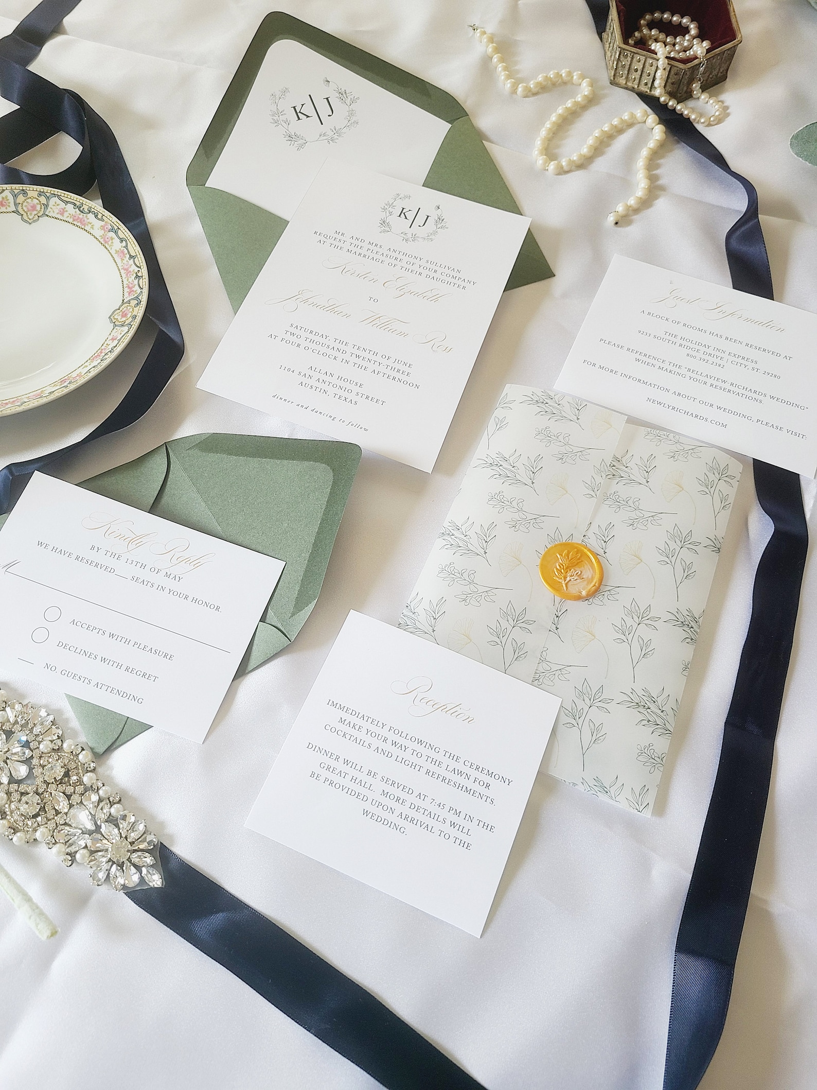 Green Wedding Invitation Suite With Hand Drawn Monogram and - Etsy