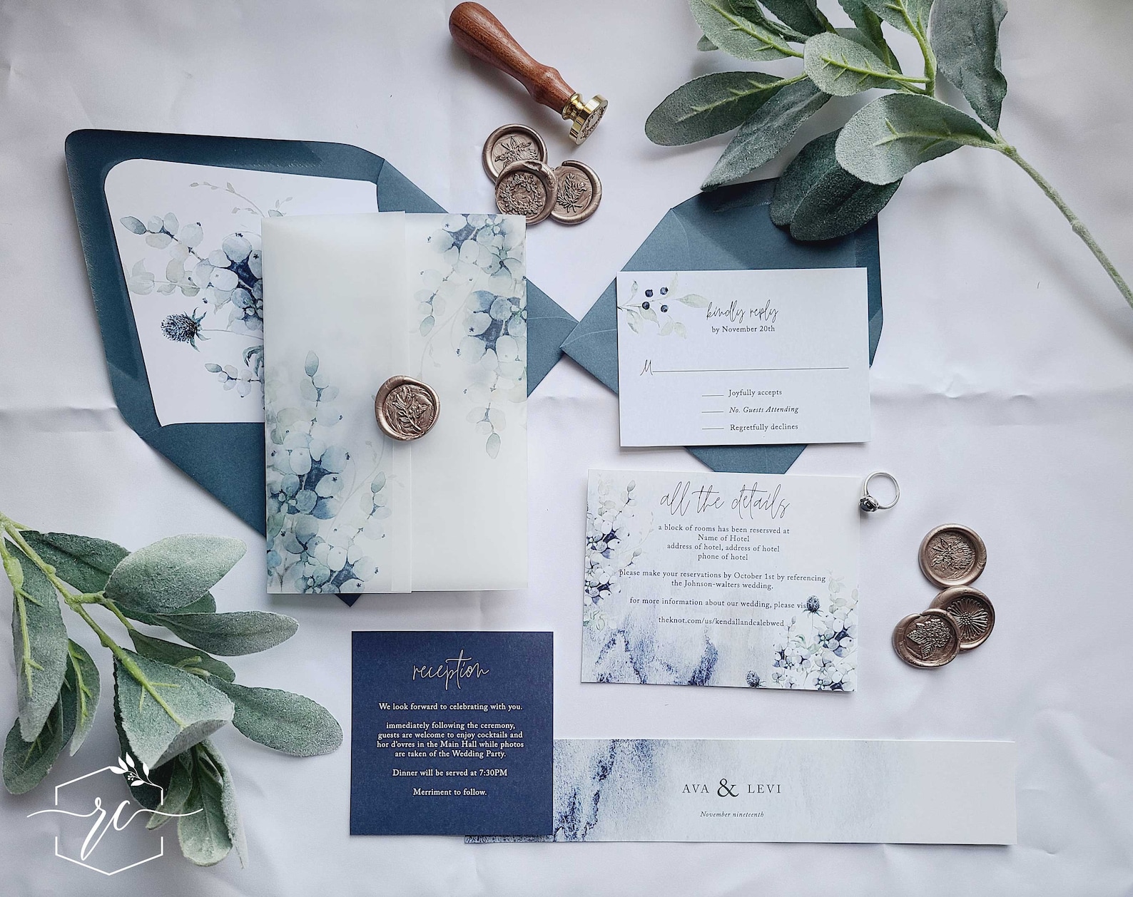 Blue Wedding Invitation Suite With Vellum and Wax Seal Boho - Etsy