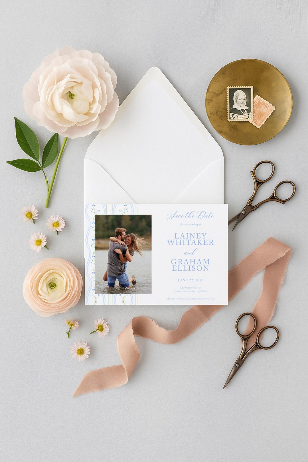 Chinoiserie Floral Save the Date Card With Photo & Envelope | PRINTED ...