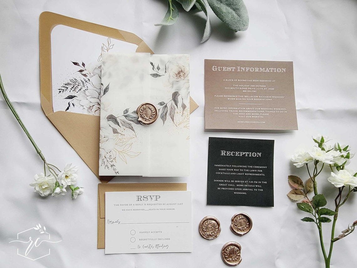 Earth Tone Vellum Wedding Invitation Suite, Neutral Floral Wedding ...