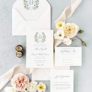 Dusty Blue Classic Monogram Crest Wedding Invitation Suite, Elegant Traditional Wedding Invite ...