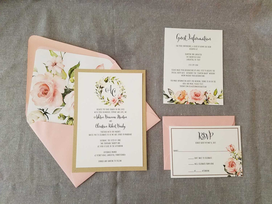 Blush Pink Wedding Invitation With Wreath and Monogram Kraft - Etsy