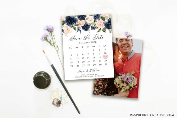 Navy and Blush Calendar Save the Date Template Fully | Etsy