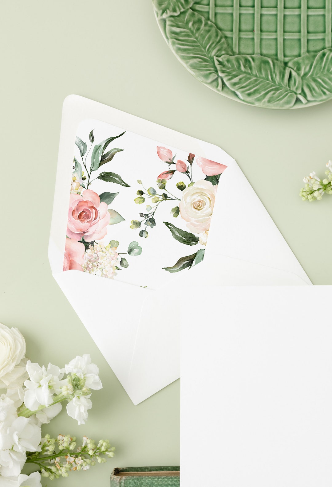 Elegant Watercolor Wedding Envelope Liner, Roses Hydrangeas Envelopes ...