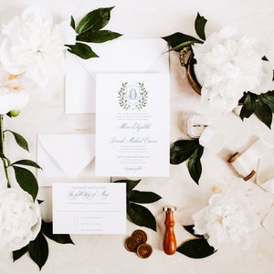 Dusty Blue Classic Monogram Crest Wedding Invitation Suite, Elegant ...