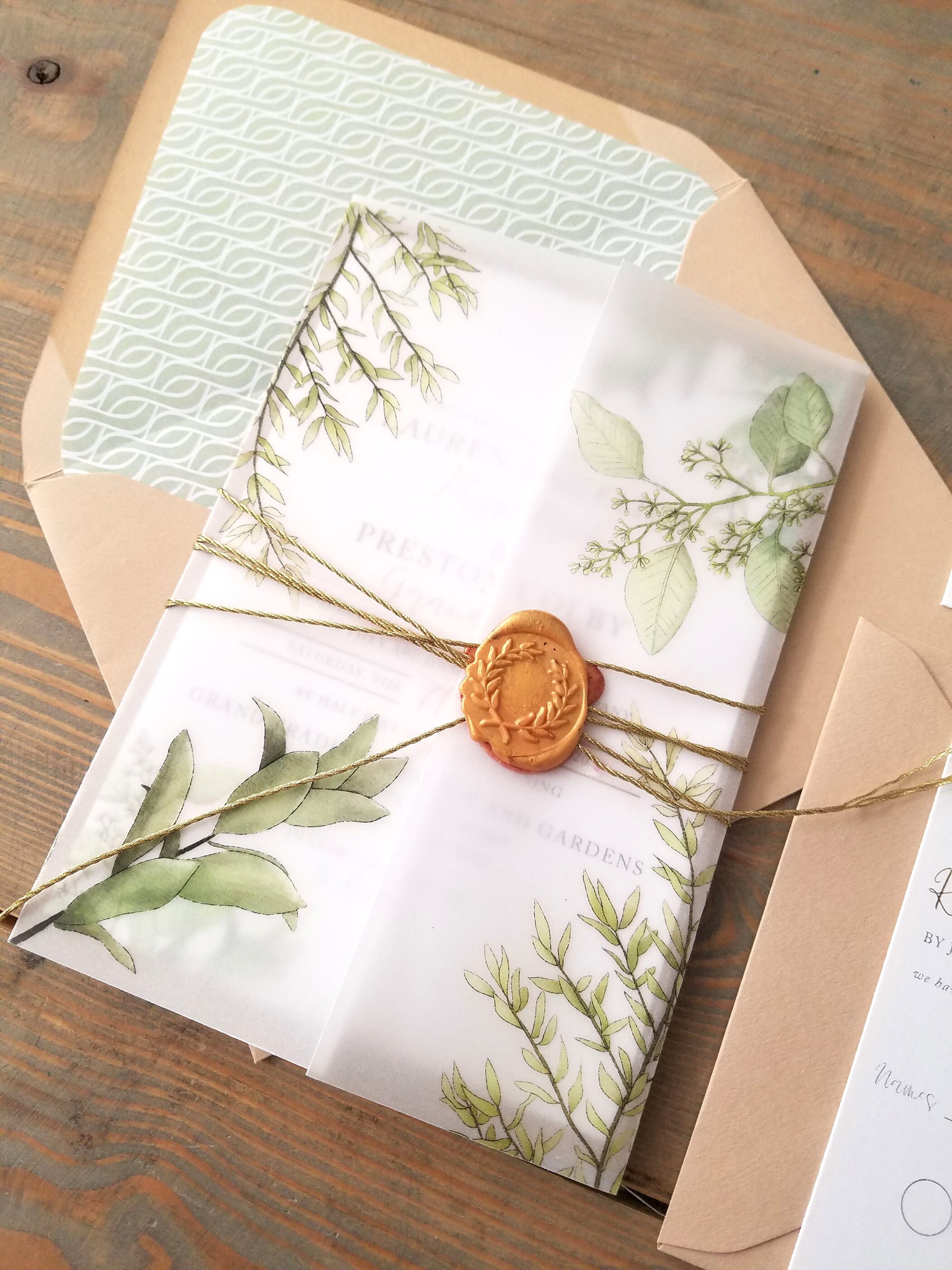 Greenery Wedding Invitation Suite with Vellum Wrap and Gold | Etsy