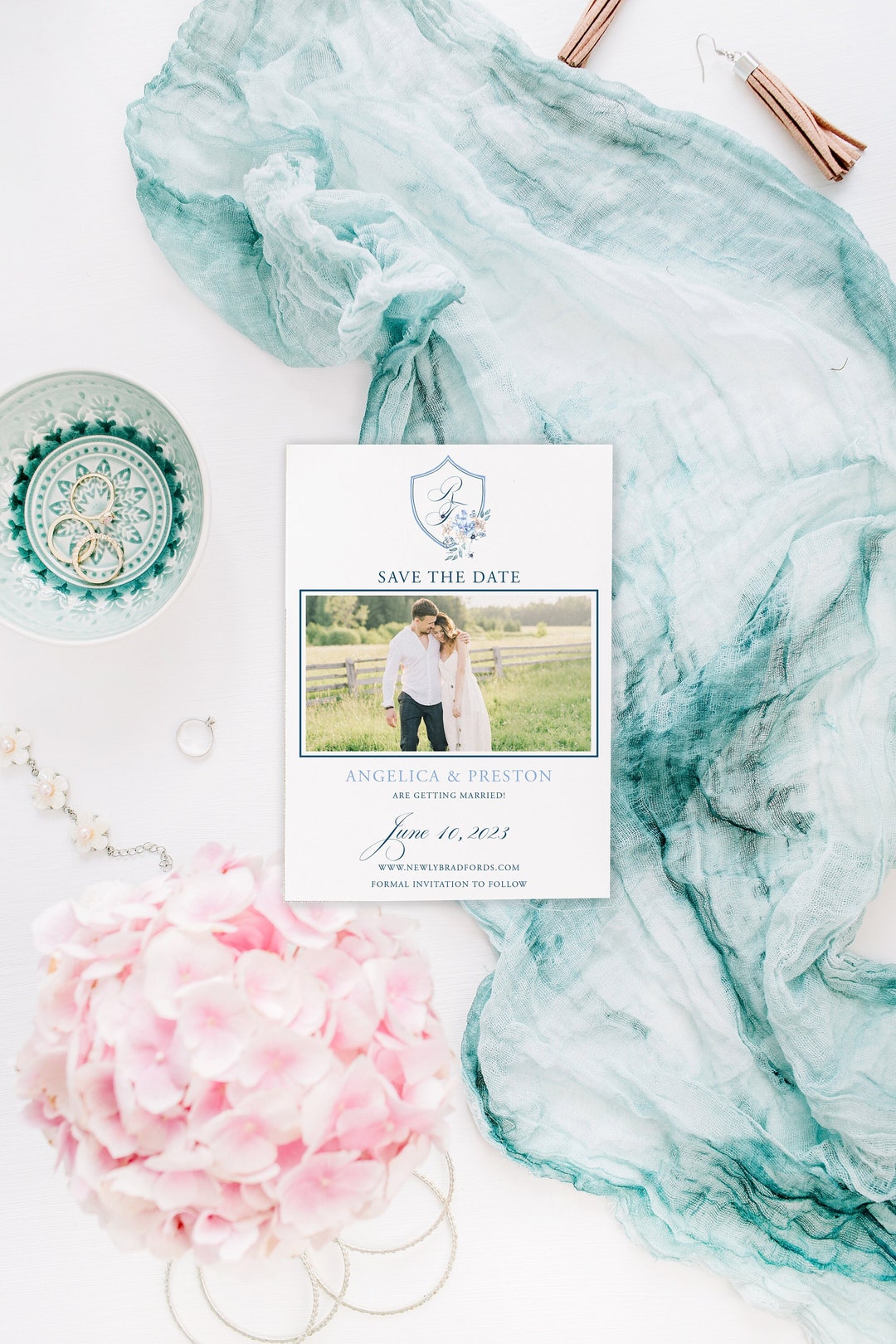 Dusty Blue Save the Date Card With Envelope, Light Blue, Wedding Crest ...