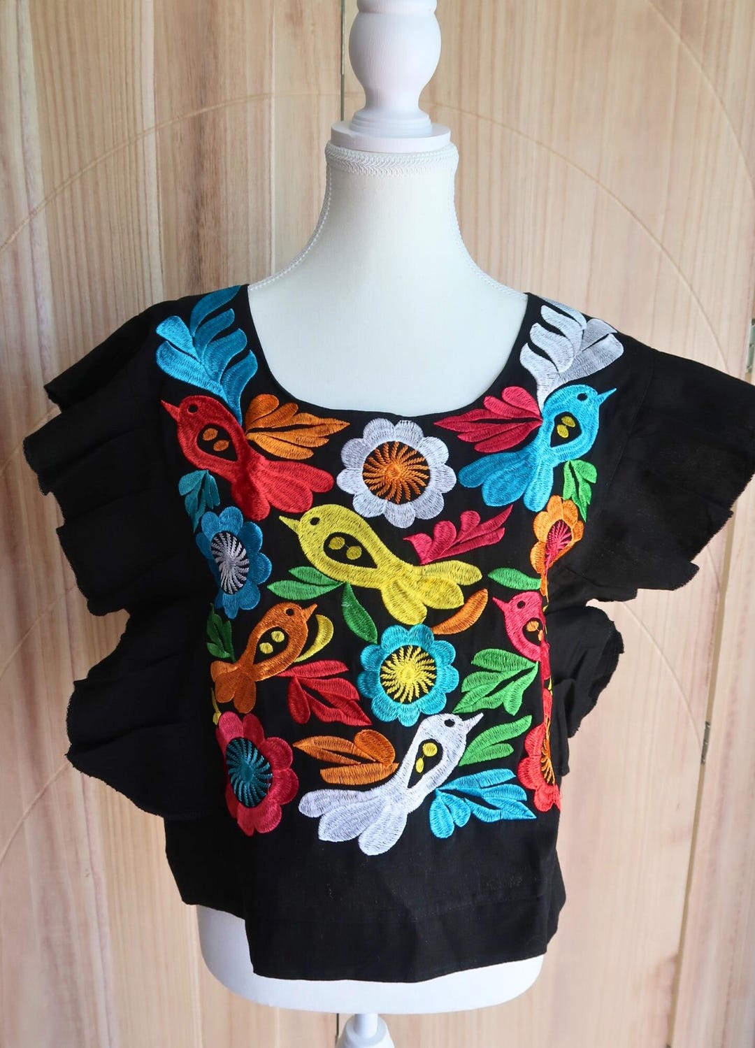 Black Embroidered Mexican Open Back Blouse - Etsy