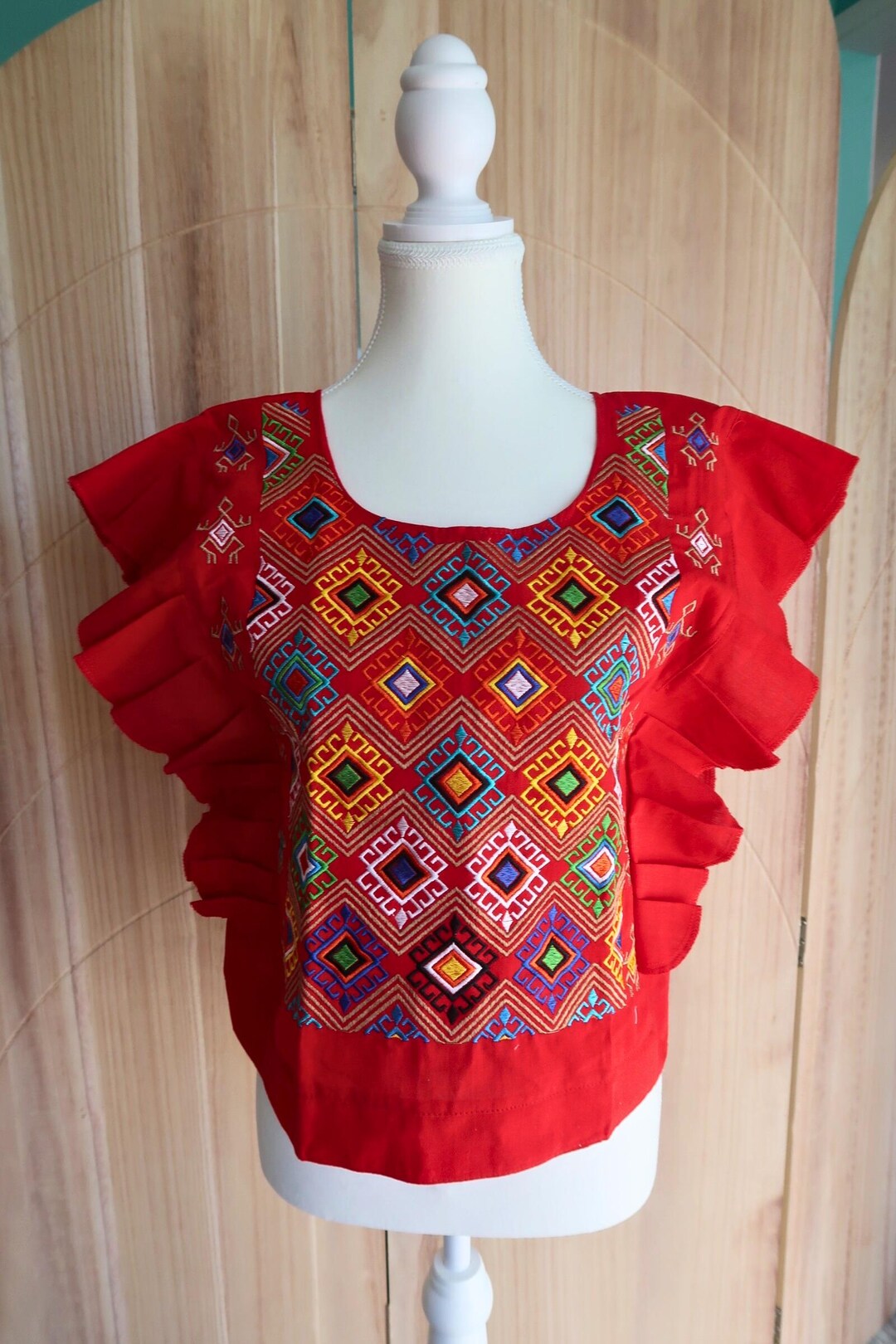Red Embroidered Mexican Open Back Blouse - Etsy