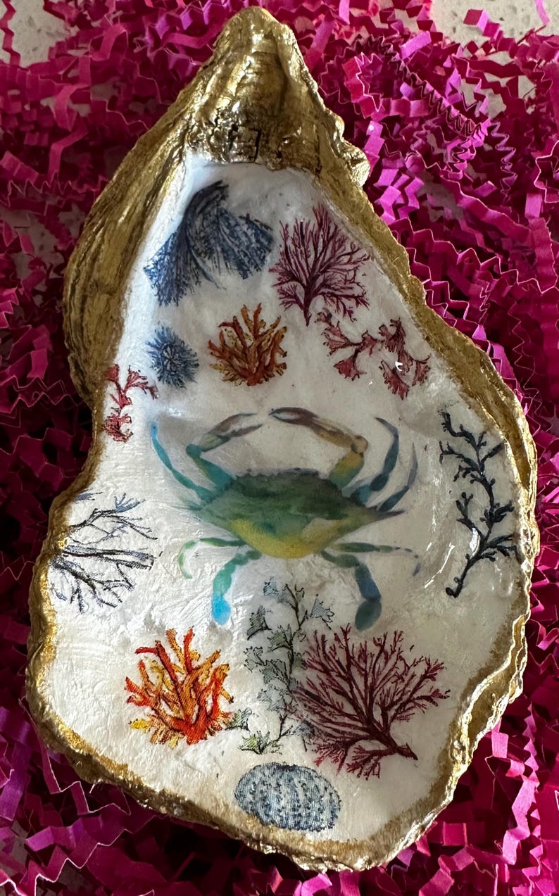 Handcrafted Oyster Shell Trinket Dish – Coastal Crab & Coral Design ...