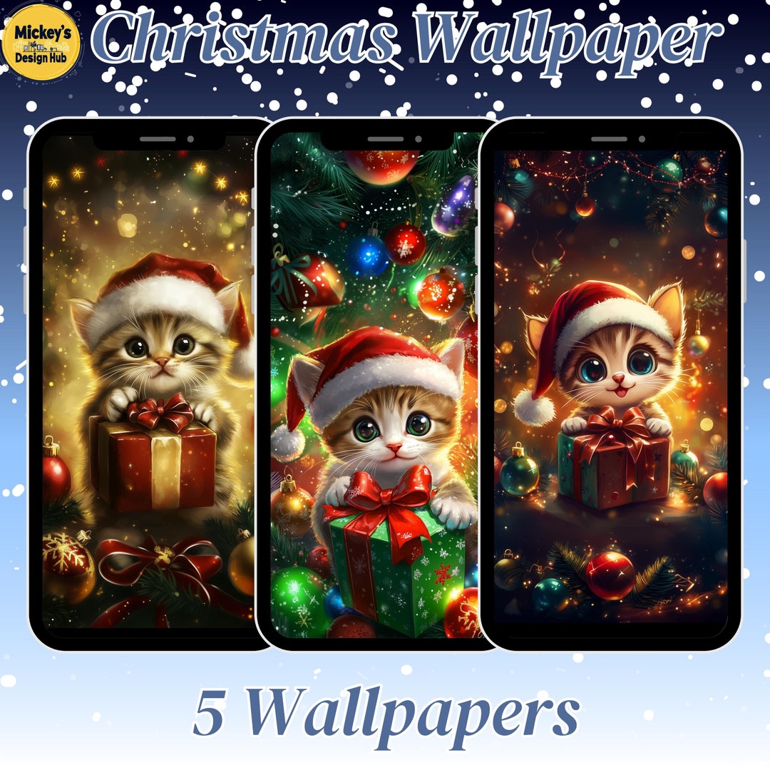 Adorable Cartoon Christmas Cats Wallpaper Digital Download for Phone ...