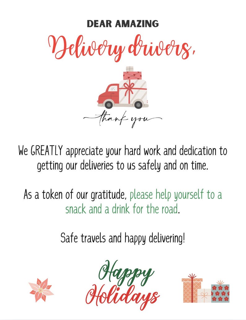 Printable Delivery Driver Holiday Thank You Snack Sign - Etsy