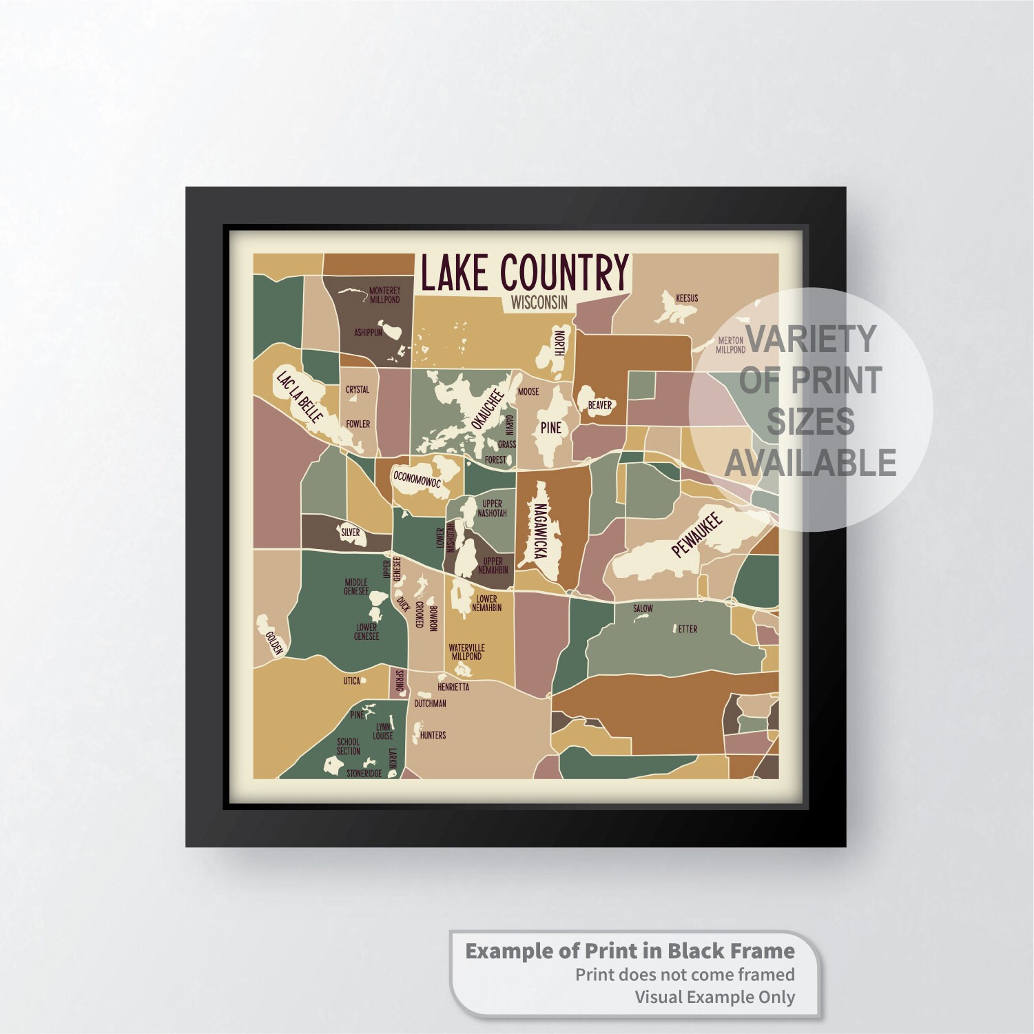 Lake Country Wisconsin Art Map Print waukesha County by - Etsy