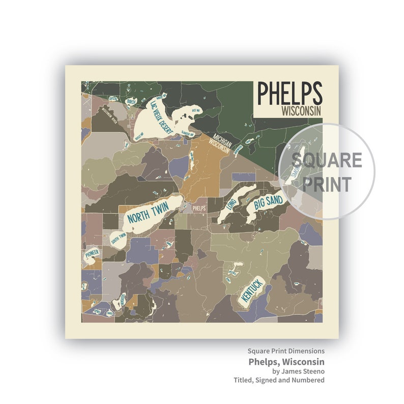 Phelps Wisconsin Art Map Print vilas County by James Steeno - Etsy