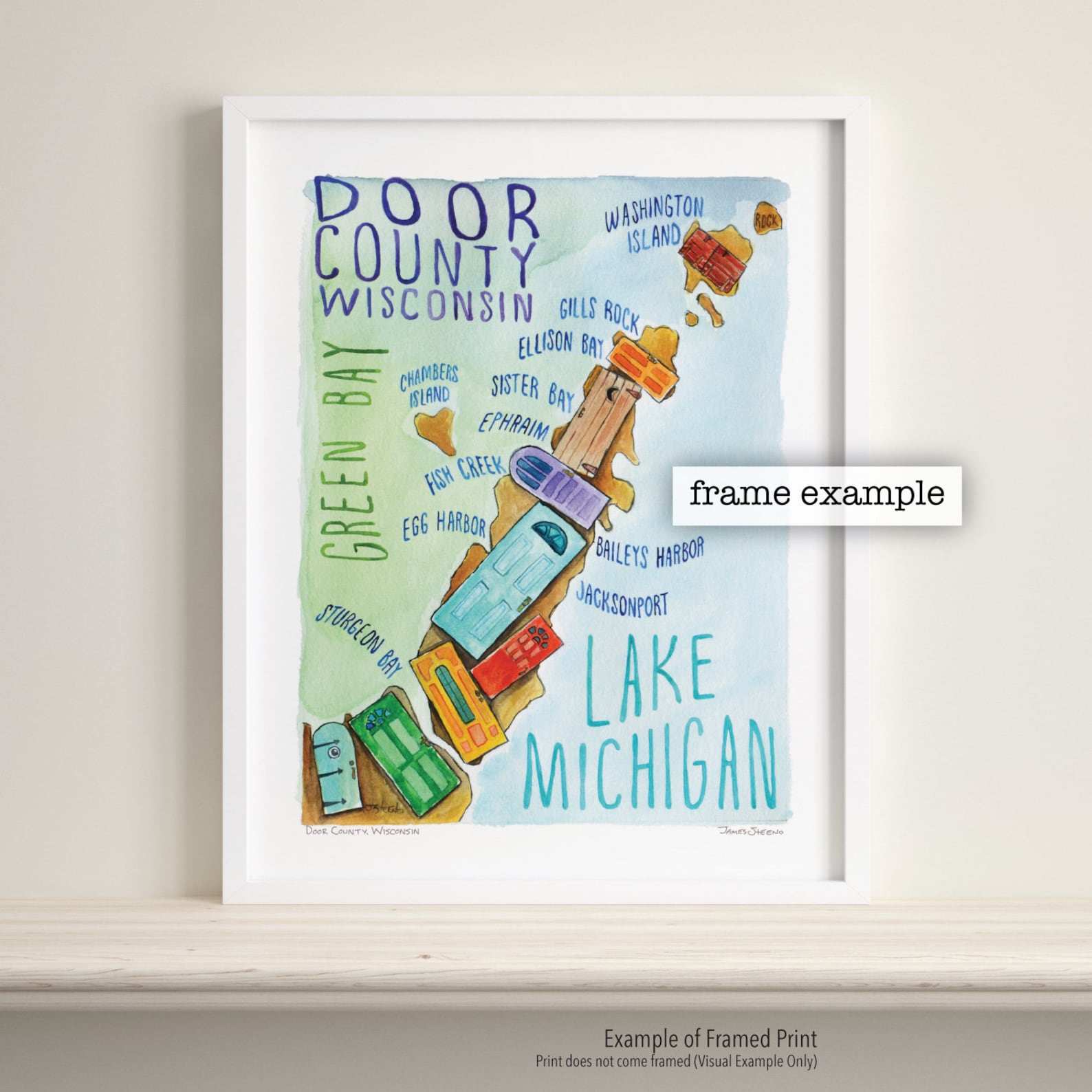 Door County Wisconsin Watercolor Fun Map Art Print by James Steeno ...