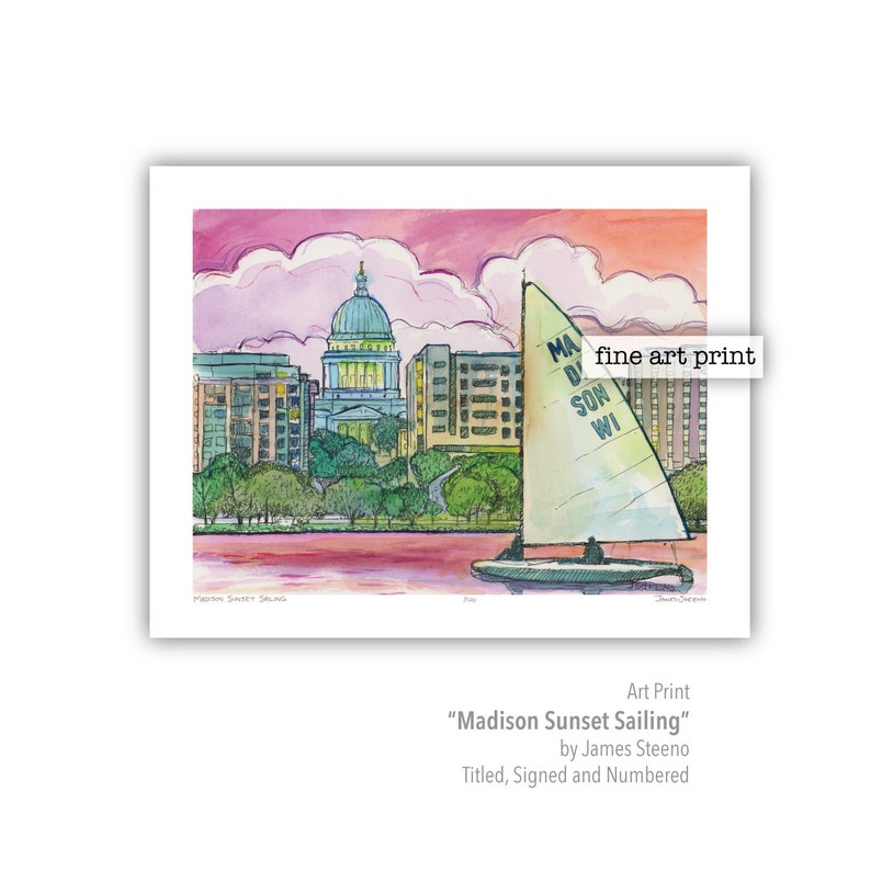 Madison Sunset Sailing Wisconsin Skyline Pen, Ink and Watercolor Art ...