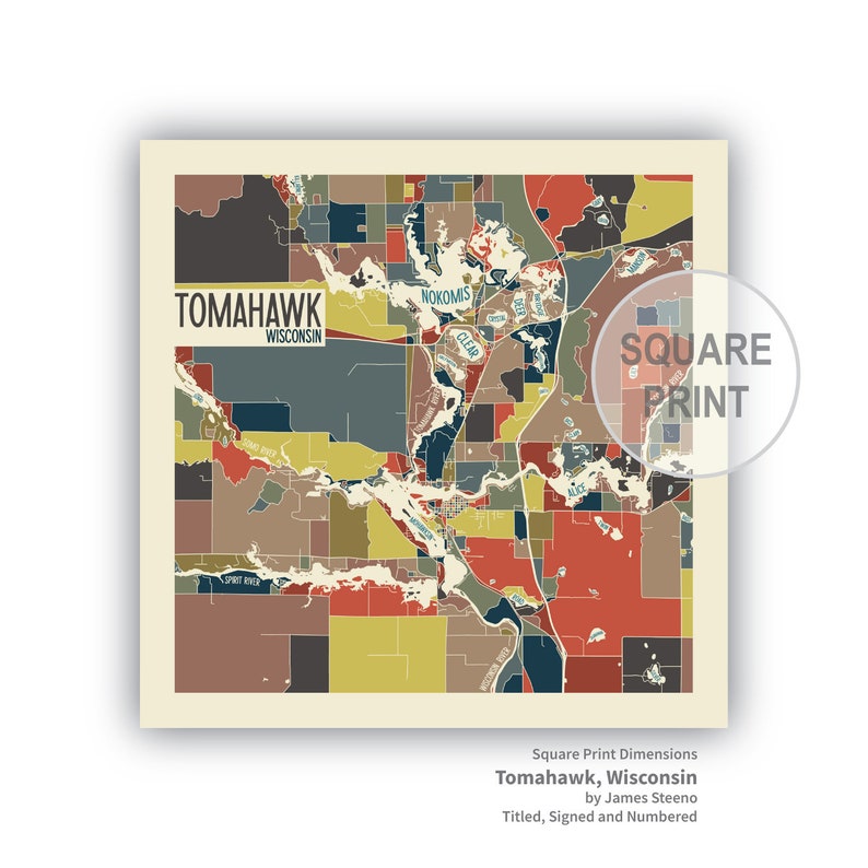 Tomahawk Wisconsin Art Map Print Lincoln County Lake | Etsy