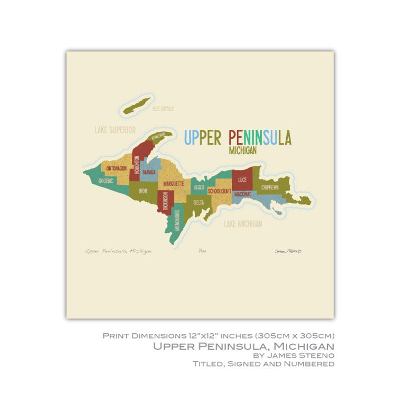 Upper Peninsula, Michigan Art Map Print (UP Lake Michigan Lake Superior ...
