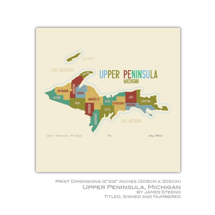 Upper Peninsula, Michigan Art Map Print (UP Lake Michigan Lake Superior ...