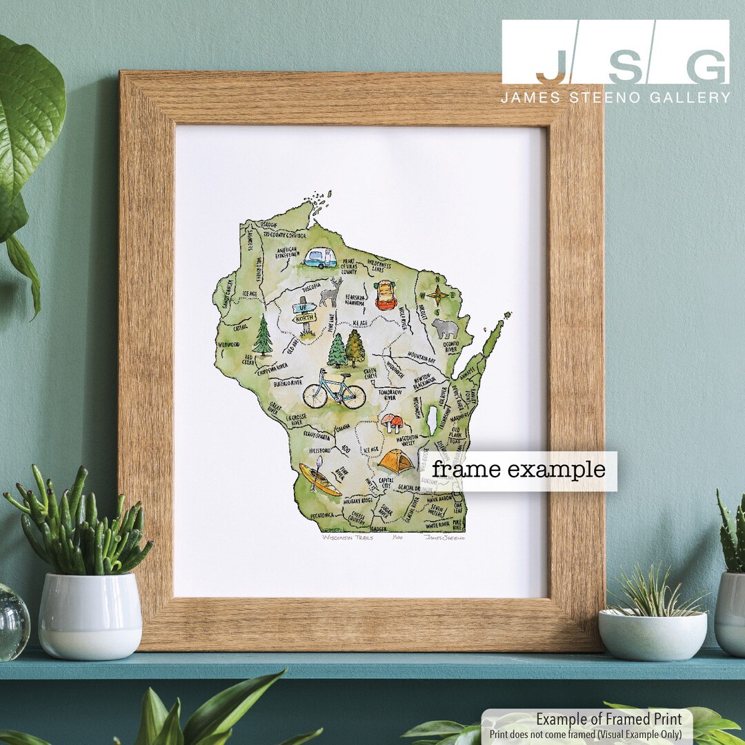Wisconsin Trail Map Watercolor Map Art Print by James Steeno County ...