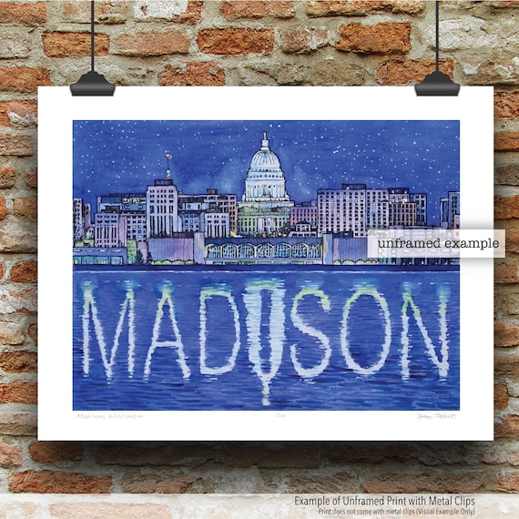 Madison Wisconsin Night Skyline Pen Ink and Watercolor Art | Etsy