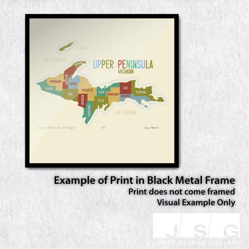 Upper Peninsula, Michigan Art Map Print (UP Lake Michigan Lake Superior ...