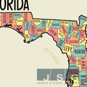 Florida State Typography County Map Art Print by James Steeno (FL ...
