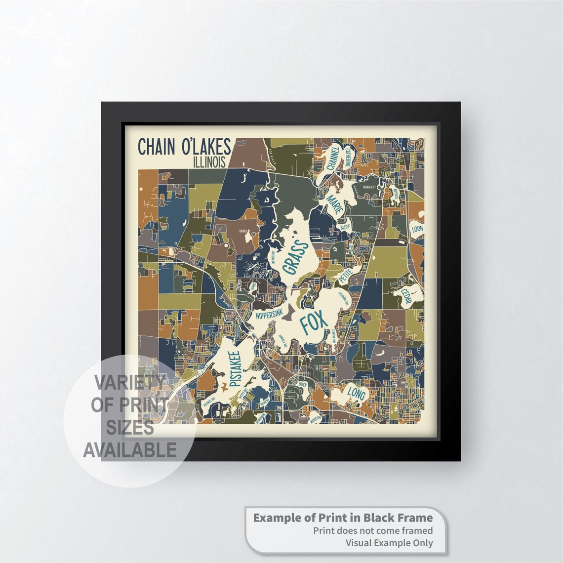 Chain O'lakes Illinois Art Map Print by James Steeno Fox | Etsy