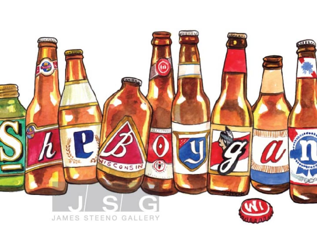Sheboygan Wisconsin Spelled in Beer Bottles Illustrated Watercolor Art ...
