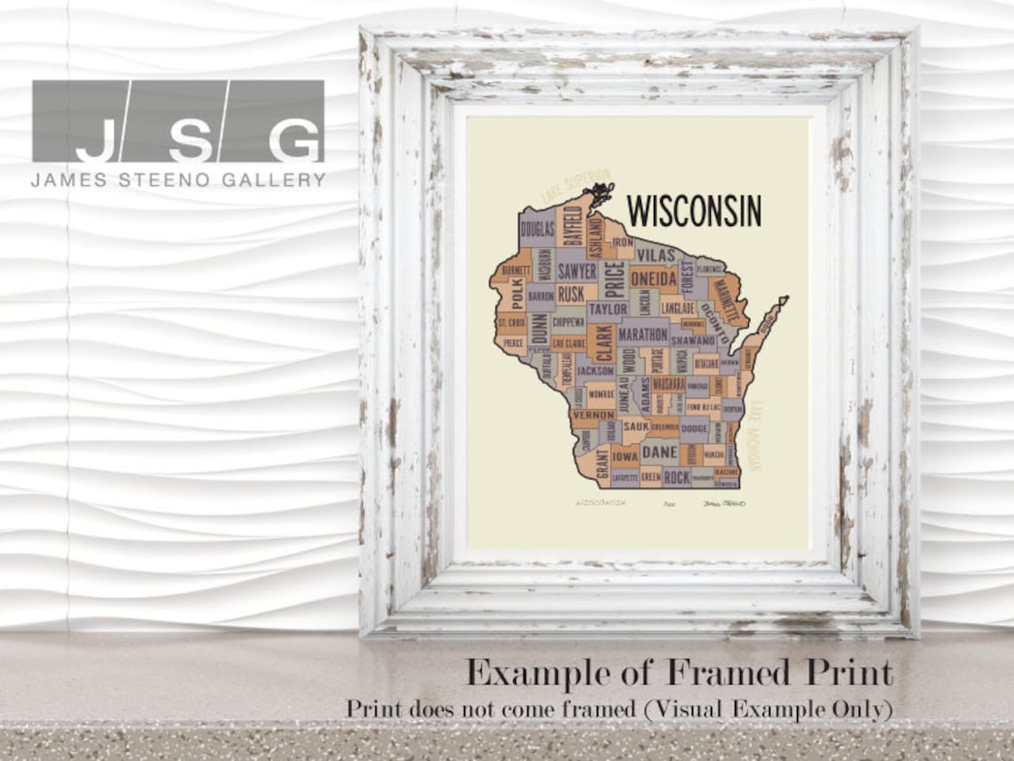 Wisconsin State Typography County Map Art Print by James Steeno (WI ...