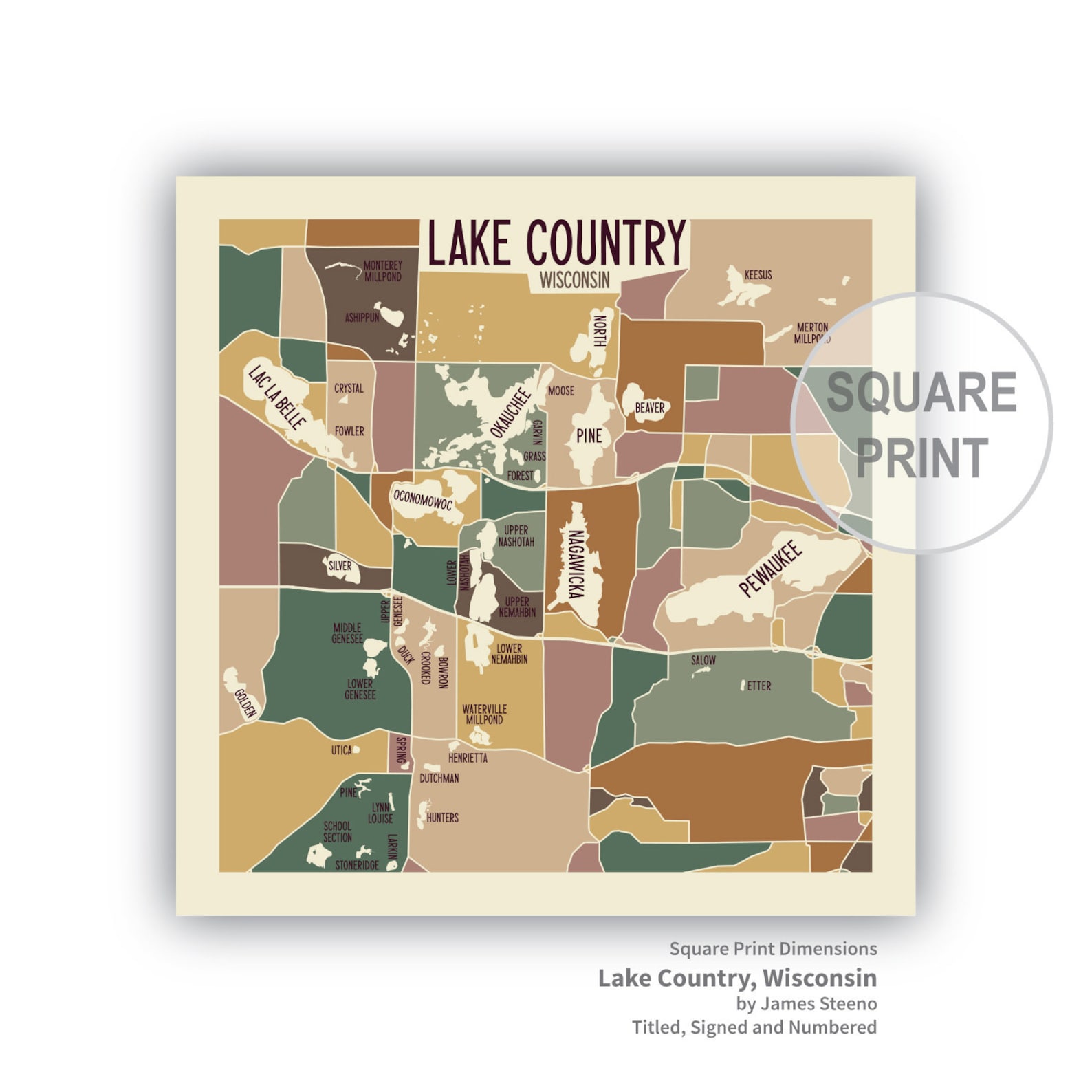 Lake Country Wisconsin Art Map Print waukesha County by - Etsy