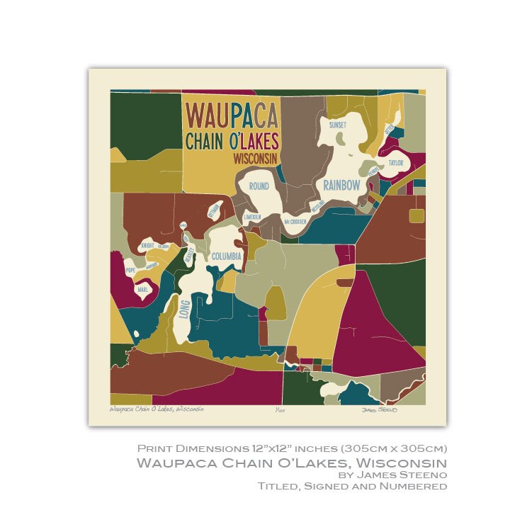 Waupaca Chain O'Lakes Wisconsin Art Map Print by James | Etsy